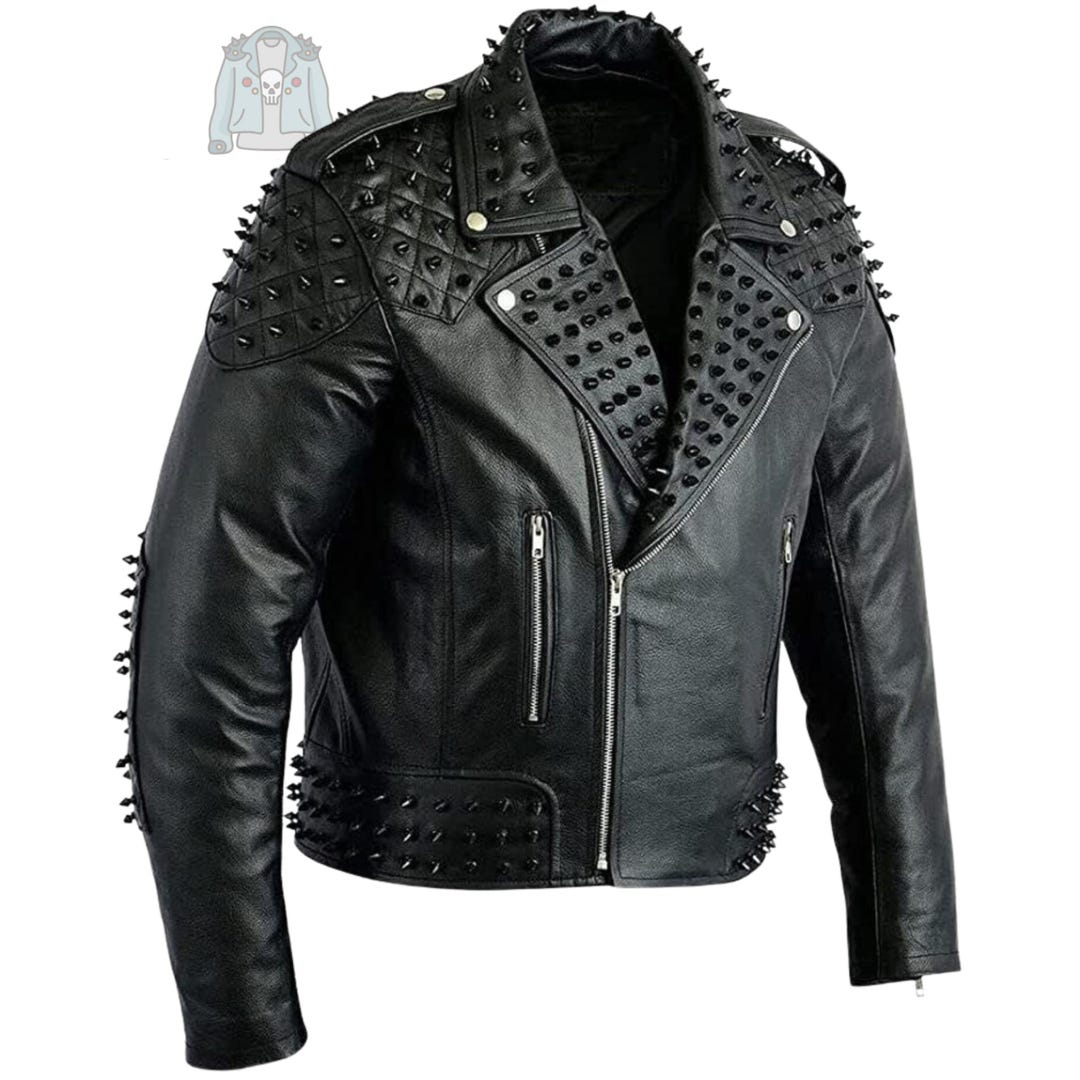 Handcrafted Black Leather Spiked Biker Jacket – Genuine Cowhide Studded ...