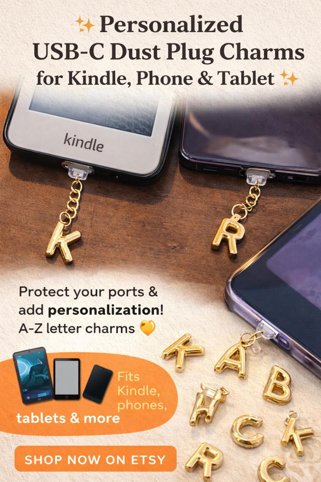 Personalized USB-C Dust Plug Charms for Kindle, Phone & Tablet - Etsy
