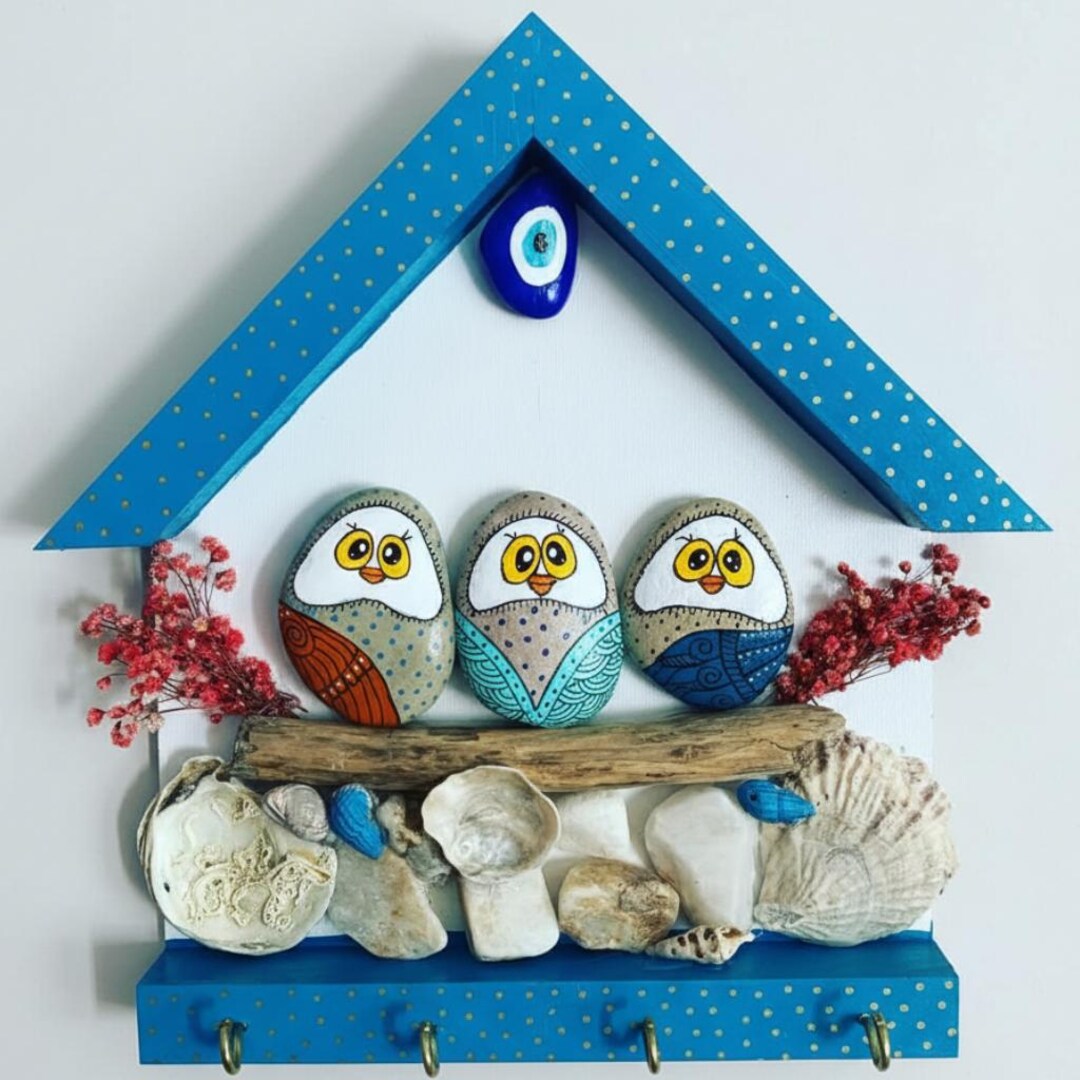 Handmade Pebble Art Owl Key Holder, Coastal Entryway Organizer - Etsy