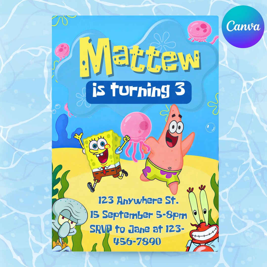 Spongebob Birthday Invitation Template. Squarepants Invite Card ...