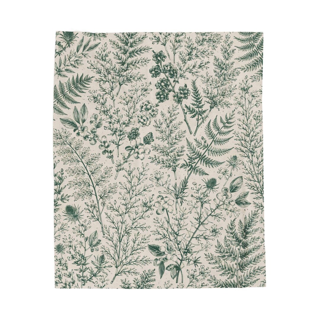 Green Botanical Fern Pattern Blanket | Velveteen Plush Floral Throw - Etsy