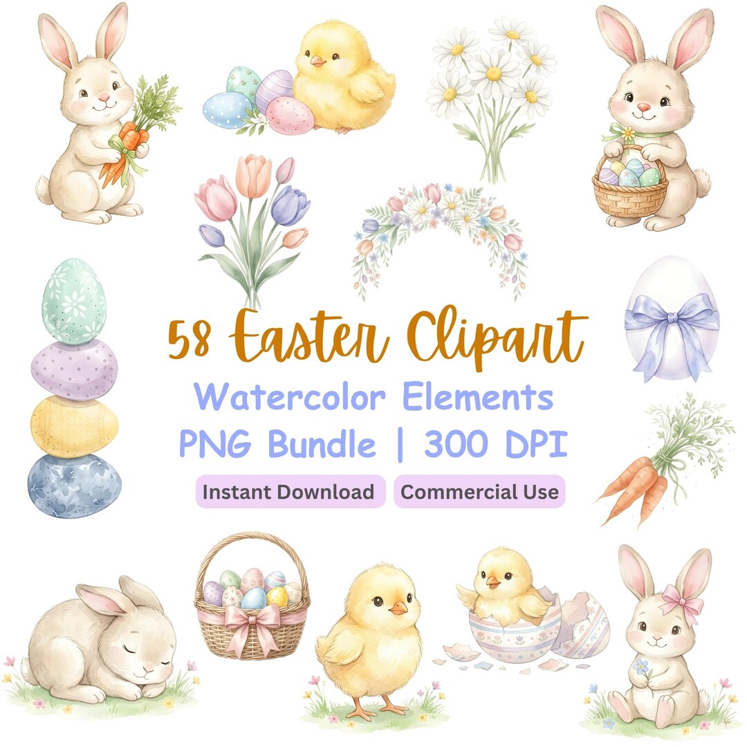 Easter Clipart Bundle PNG, Watercolor Bunny Chick Egg Floral Clipart ...