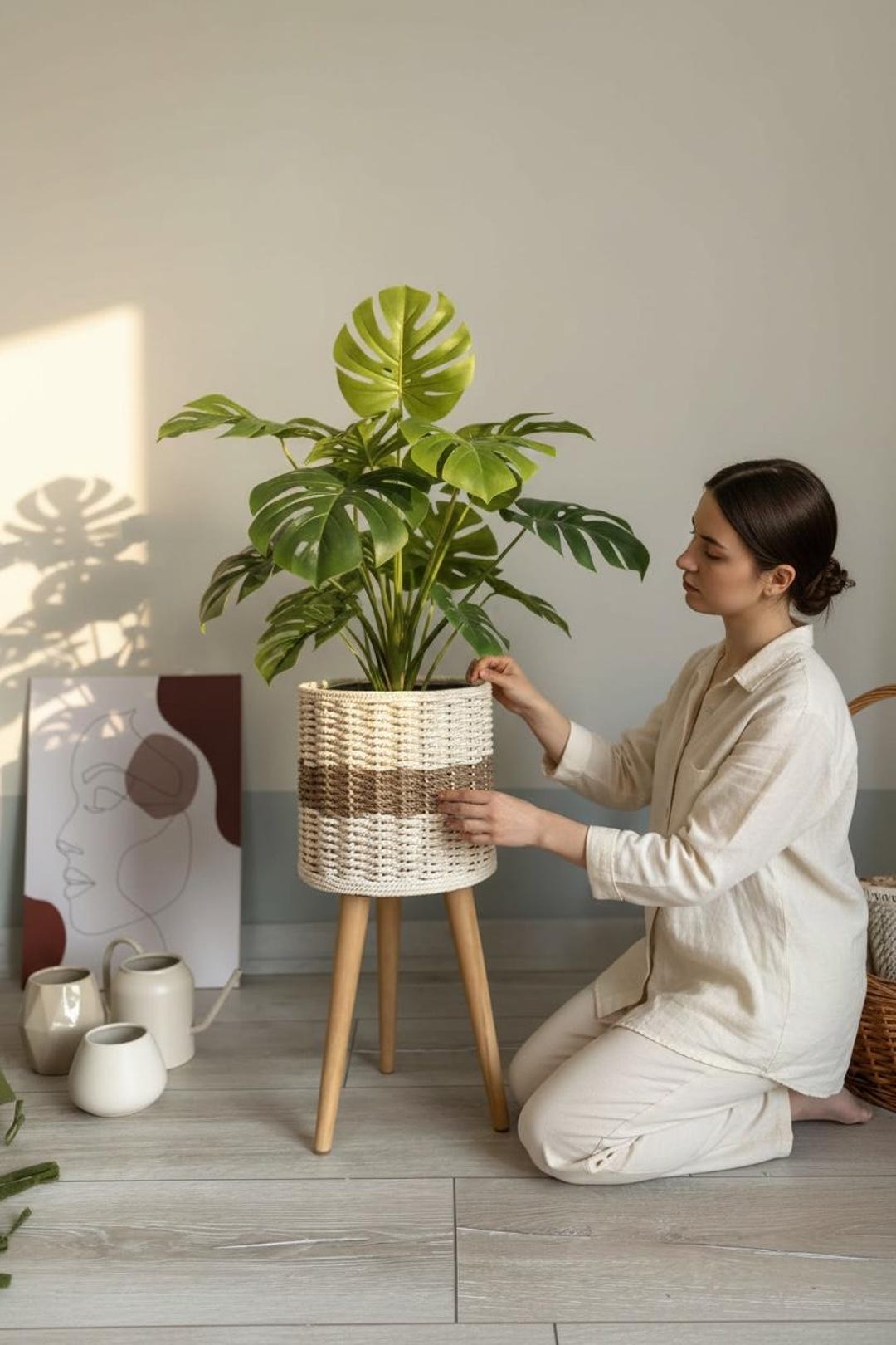 Handwoven Wicker Plant Stand, Boho Jute Plant Holder, Natural Indoor ...