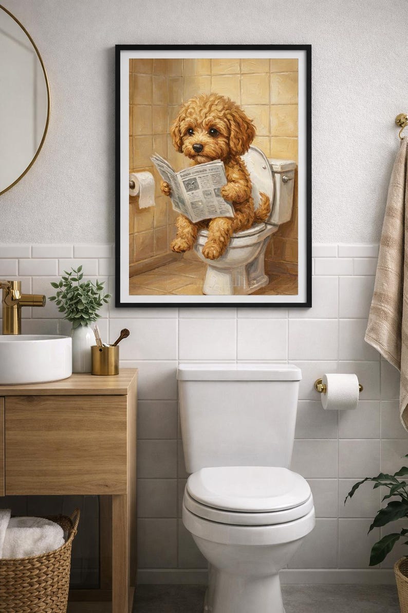 Printable Cavapoo Oil Painting Style Wall Art | Cavapoo Puppy on Toilet Print | Funny Modern Pet ...