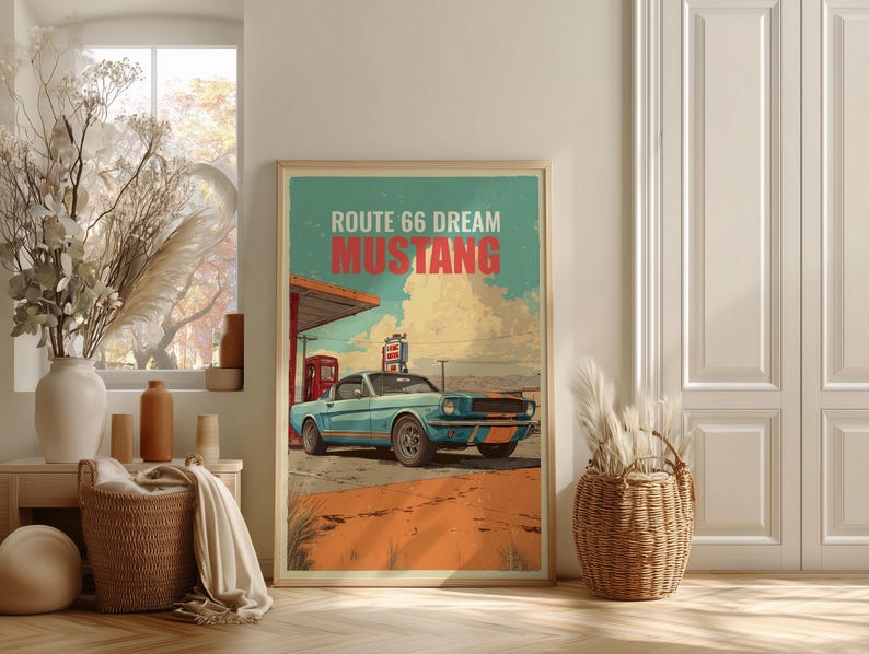 Classic Ford Mustang Wall Art | Vintage Route 66 Poster | Retro Muscle ...