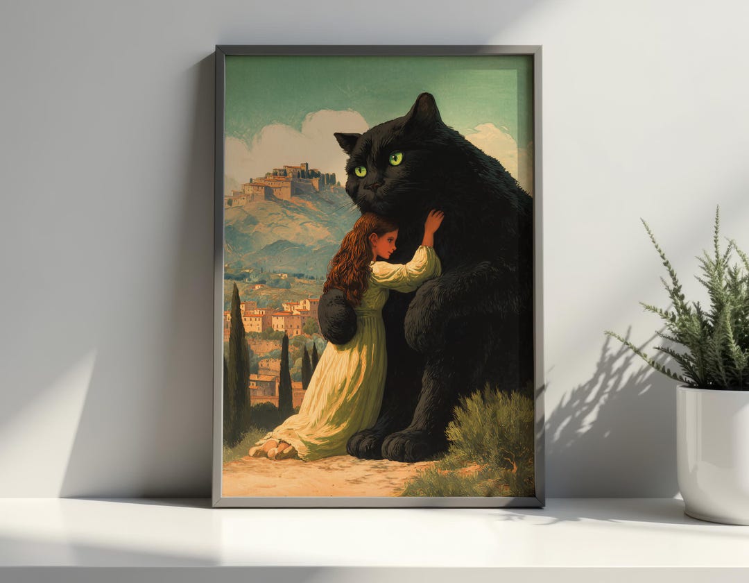 Guardian Cat Wall Art Printable | Giant Black Cat and Girl Fantasy ...