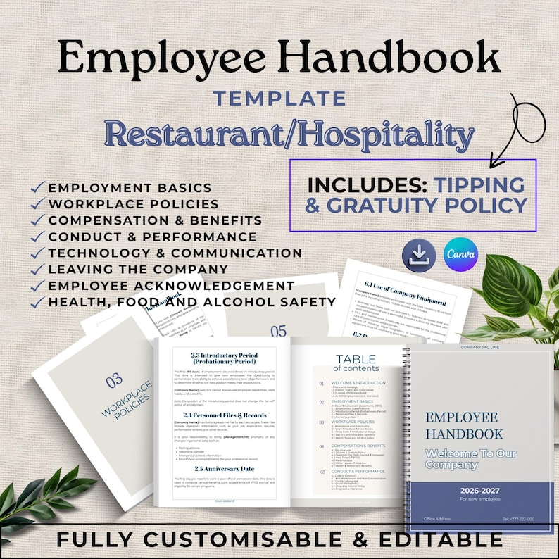 Restaurant Employee Handbook Template | Hospitality Policy Manual ...