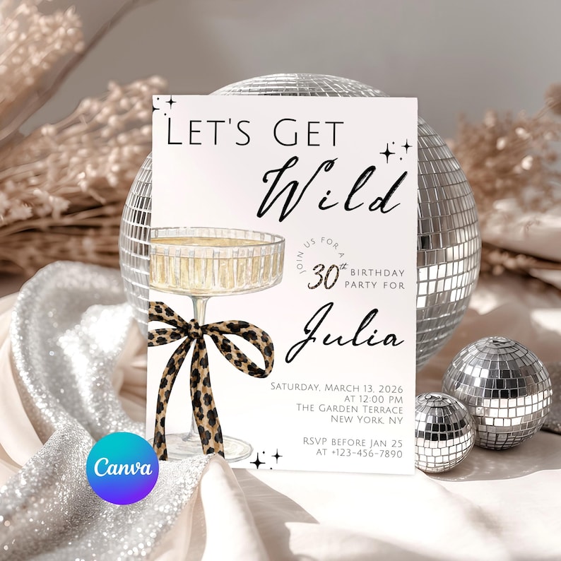 Let's Get Wild Birthday Invitation Template, Leopard Bow Champagne ...