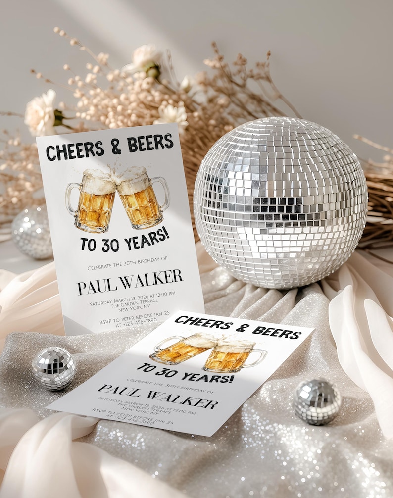 Cheers and Beers to 30 Years Invitation, Male 30th Birthday Beer Invite ...