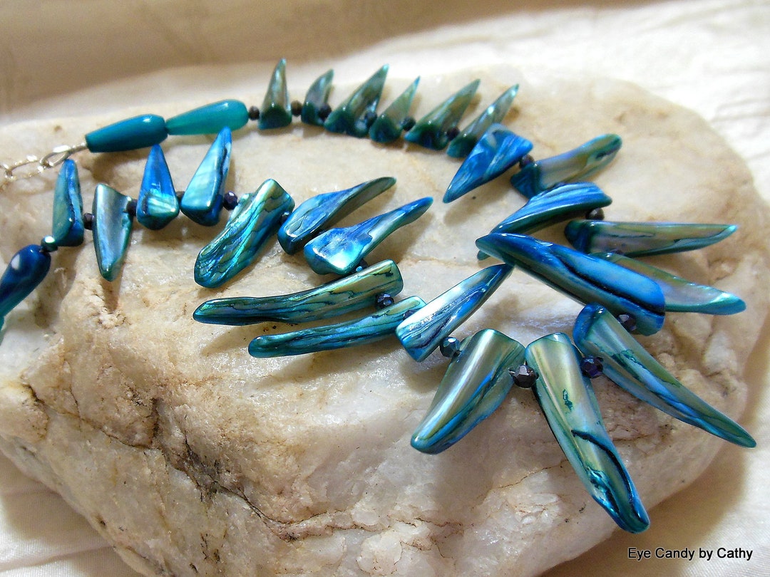 Peacock Blue Shell Necklace, Spiky Shells Spaced Between Hand Cut Blue ...