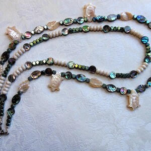 Abalone and Mother of Pearl Necklace, Turtles and Leaves, Double Strand ...