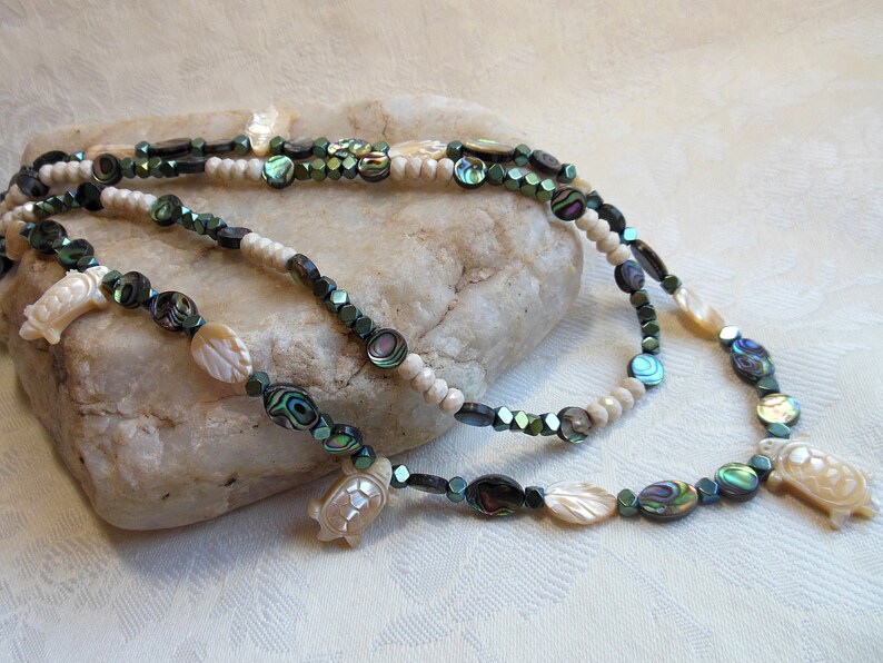 Abalone and Mother of Pearl Necklace, Turtles and Leaves, Double Strand ...