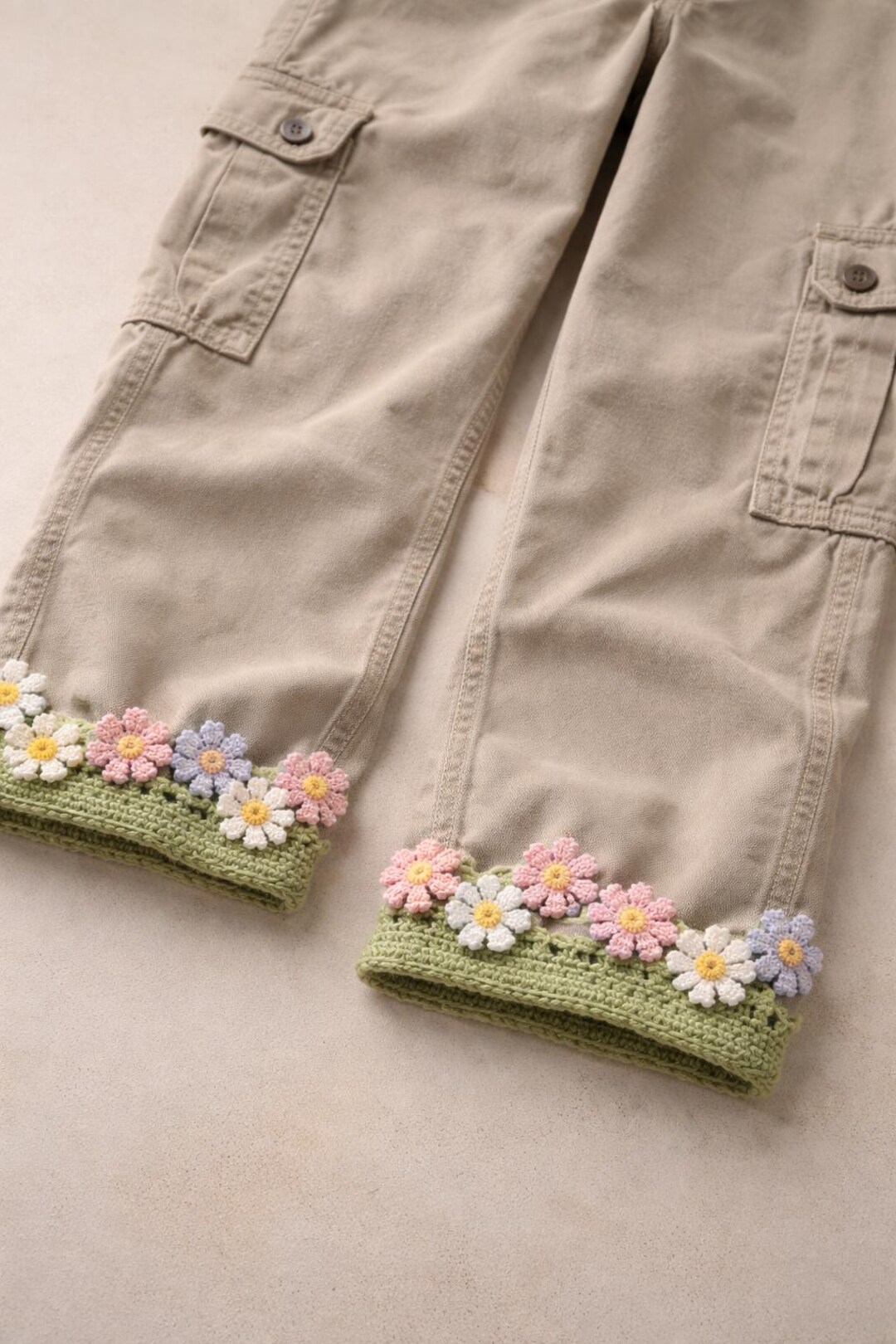 Custom 3D Crochet Flower Appliqué Cargo Trousers – Pink and Lavender ...