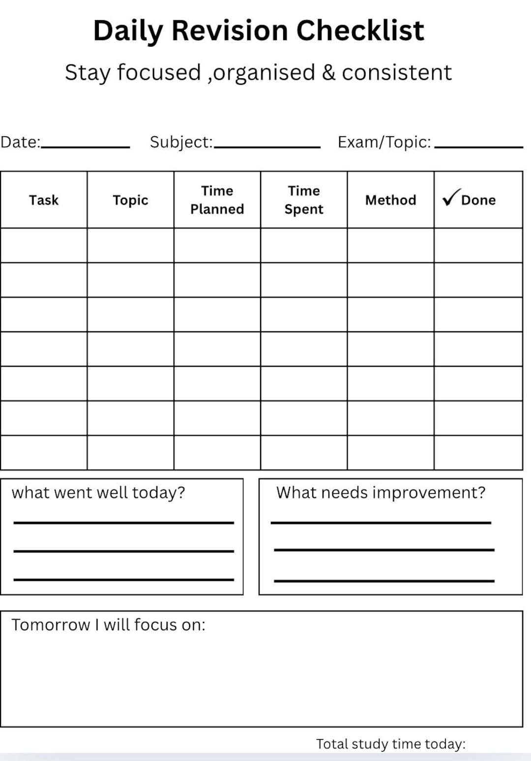 Daily Revision Checklist Printable PDF GCSE and A Level Study Planner ...