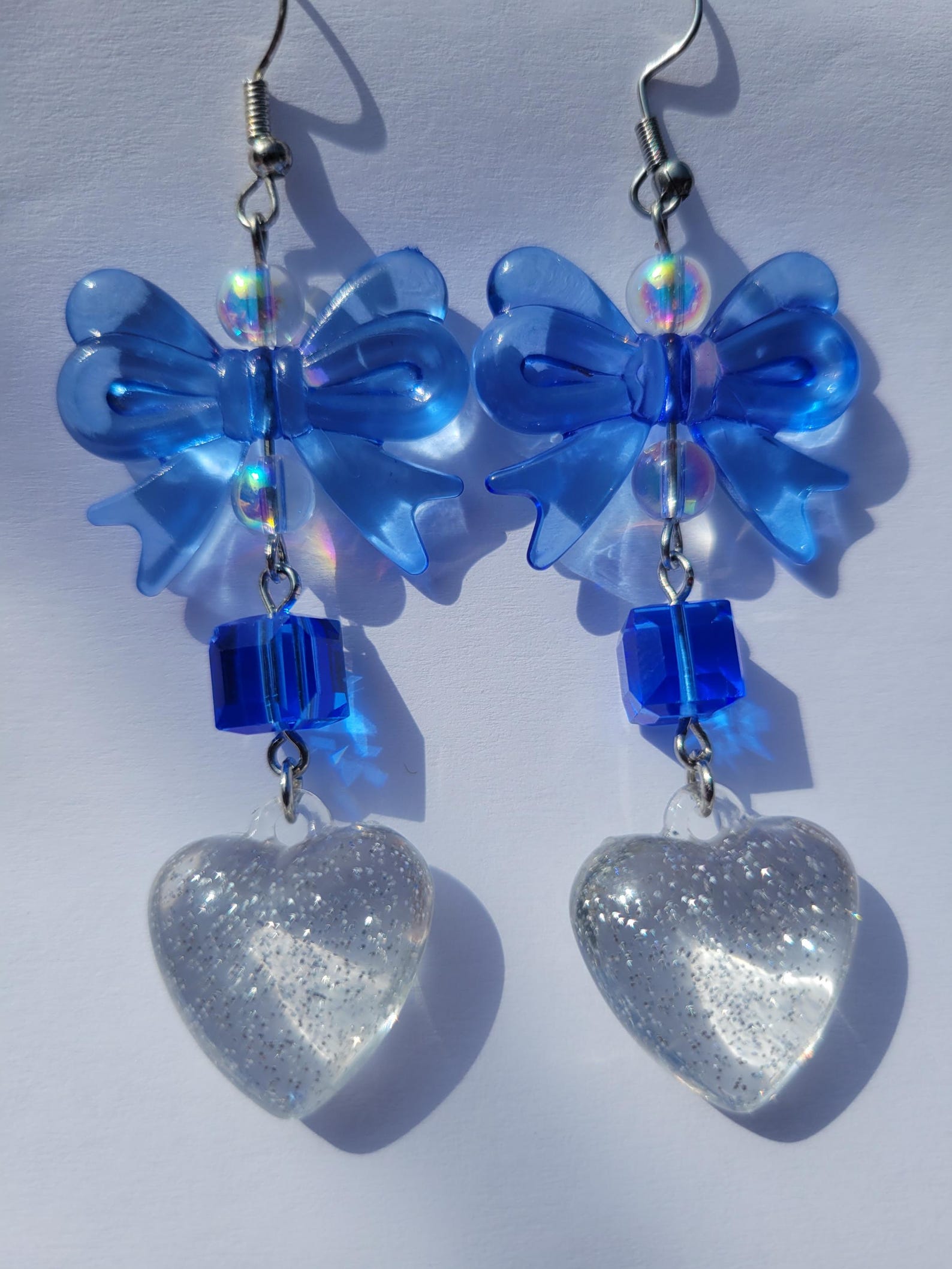 Sapphire Blue Acrylic Heart and Bow Knot Earrings, Heart Earrings ...