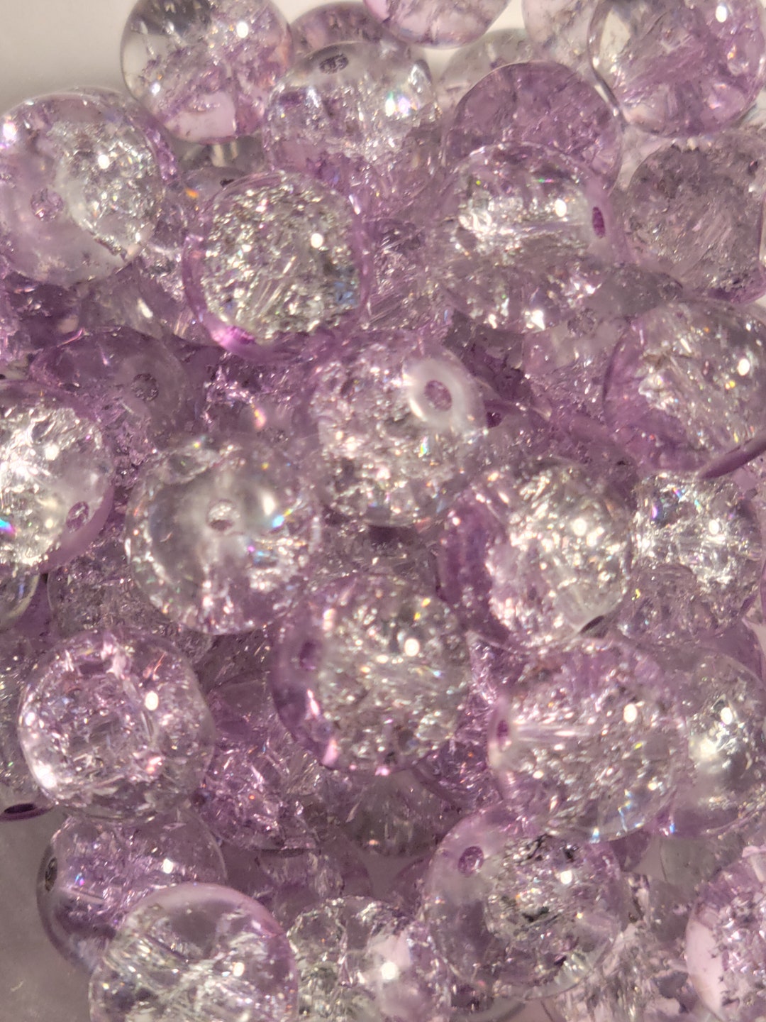 10 Beads - 10mm Round Light Purple/white Glass Sparkle Beads, Crackle ...