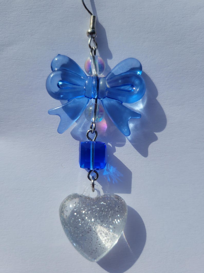 Sapphire Blue Acrylic Heart and Bow Knot Earrings, Heart Earrings ...