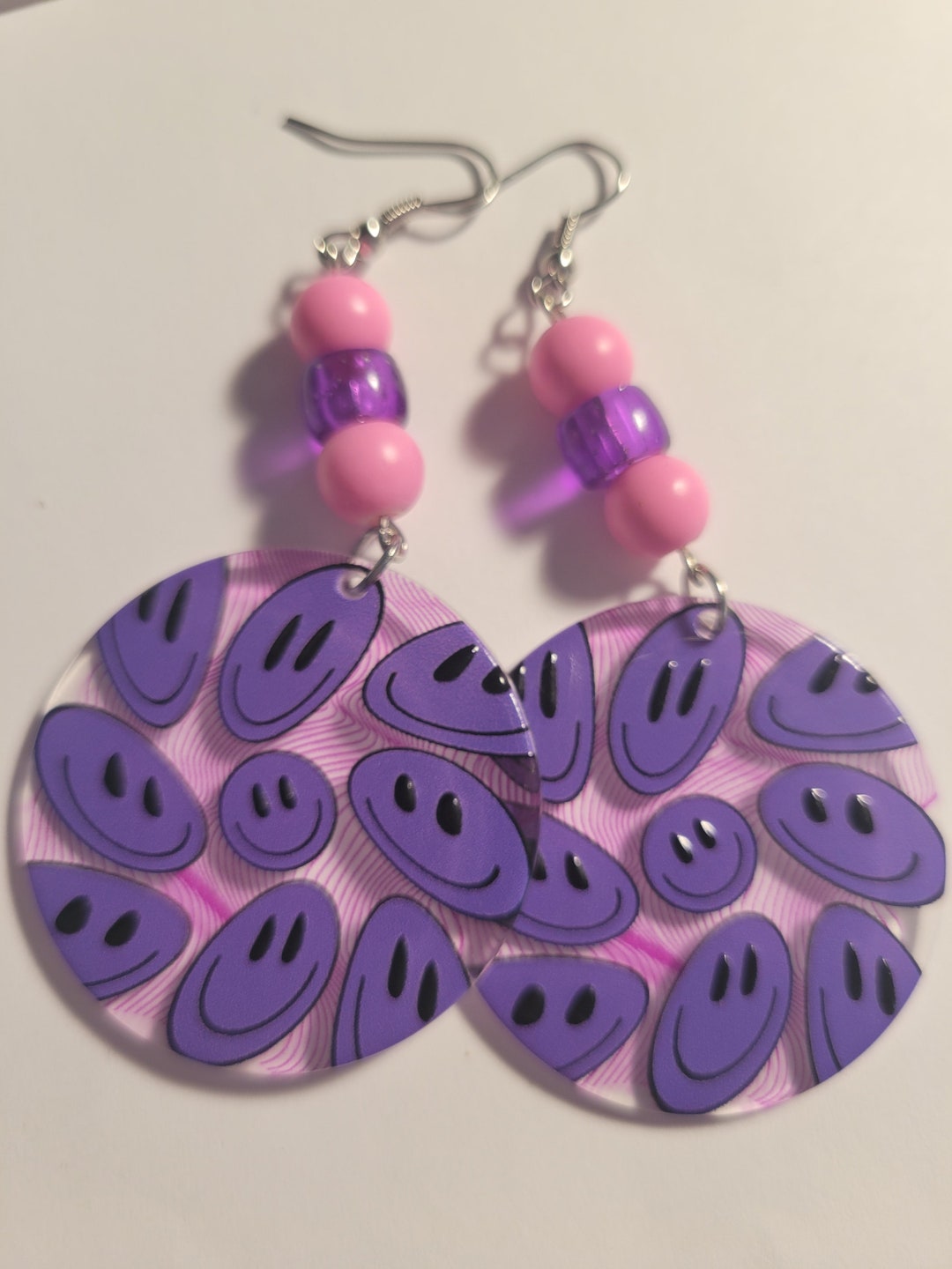 Acrylic Purple Happy Face Earrings, Pink and Purple Happy Face Earrings, Psychedelic Happy Face ...