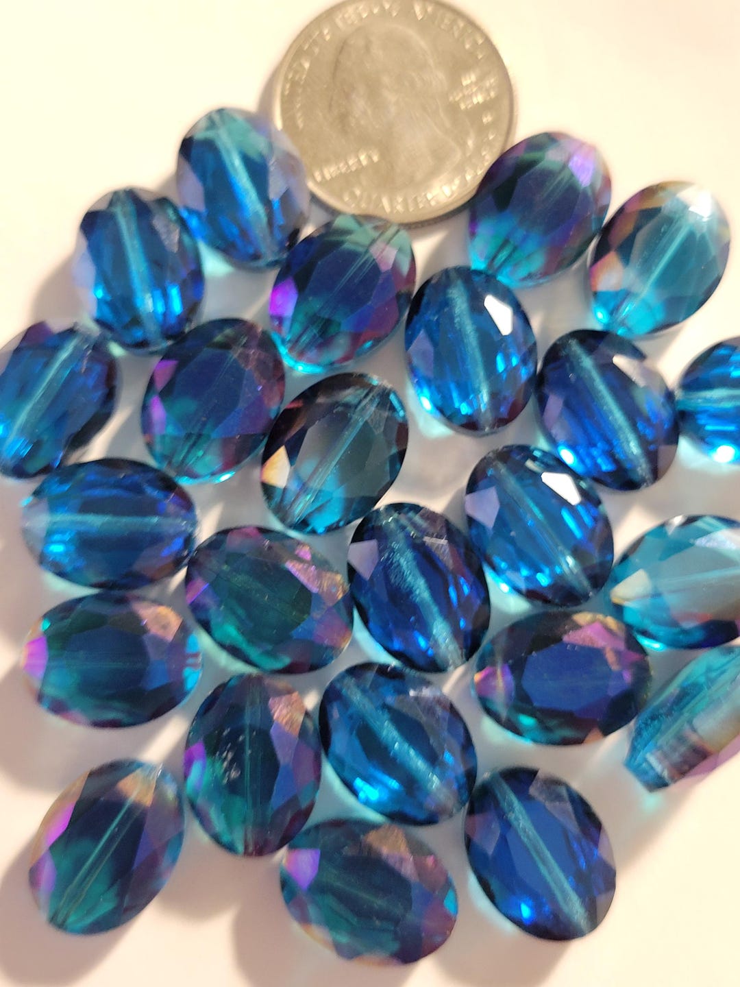 2 - Small Iridescent Oval Blue Glass Crystal, 13mm X 16mm Large Crystal ...