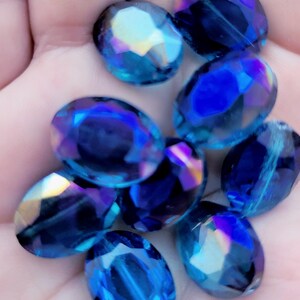 2 - Small Iridescent Oval Blue Glass Crystal, 13mm X 16mm Large Crystal ...