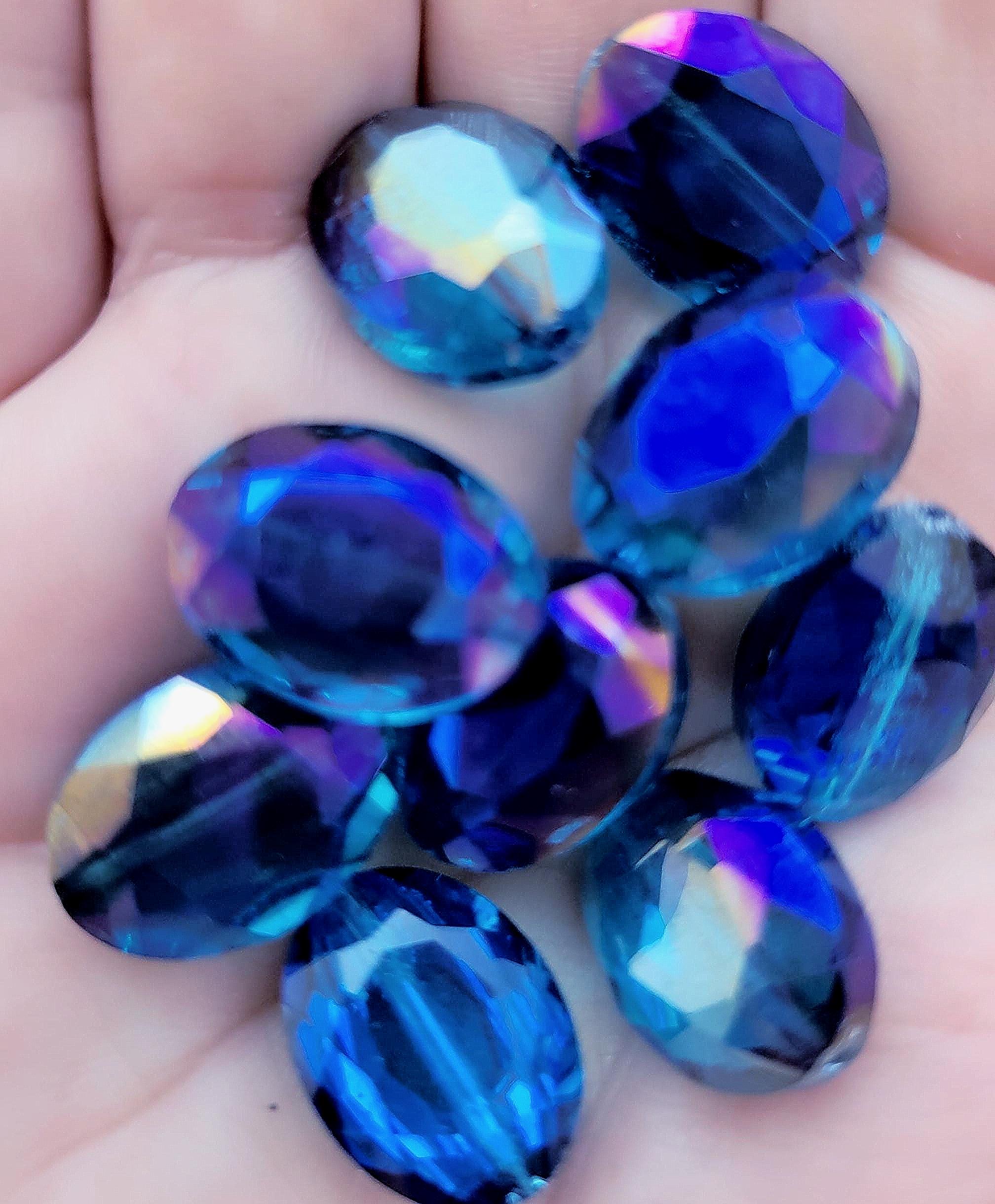 2 - Small Iridescent Oval Blue Glass Crystal, 13mm X 16mm Large Crystal ...