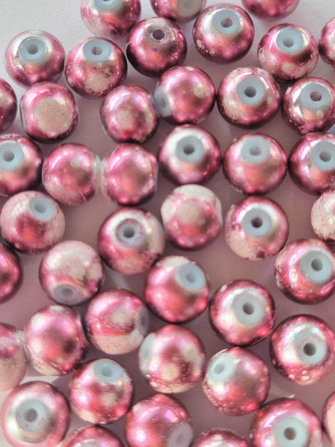 12 Beads 8mm Mauve Pink and White Splattered Glass Beads, Bright Pink ...
