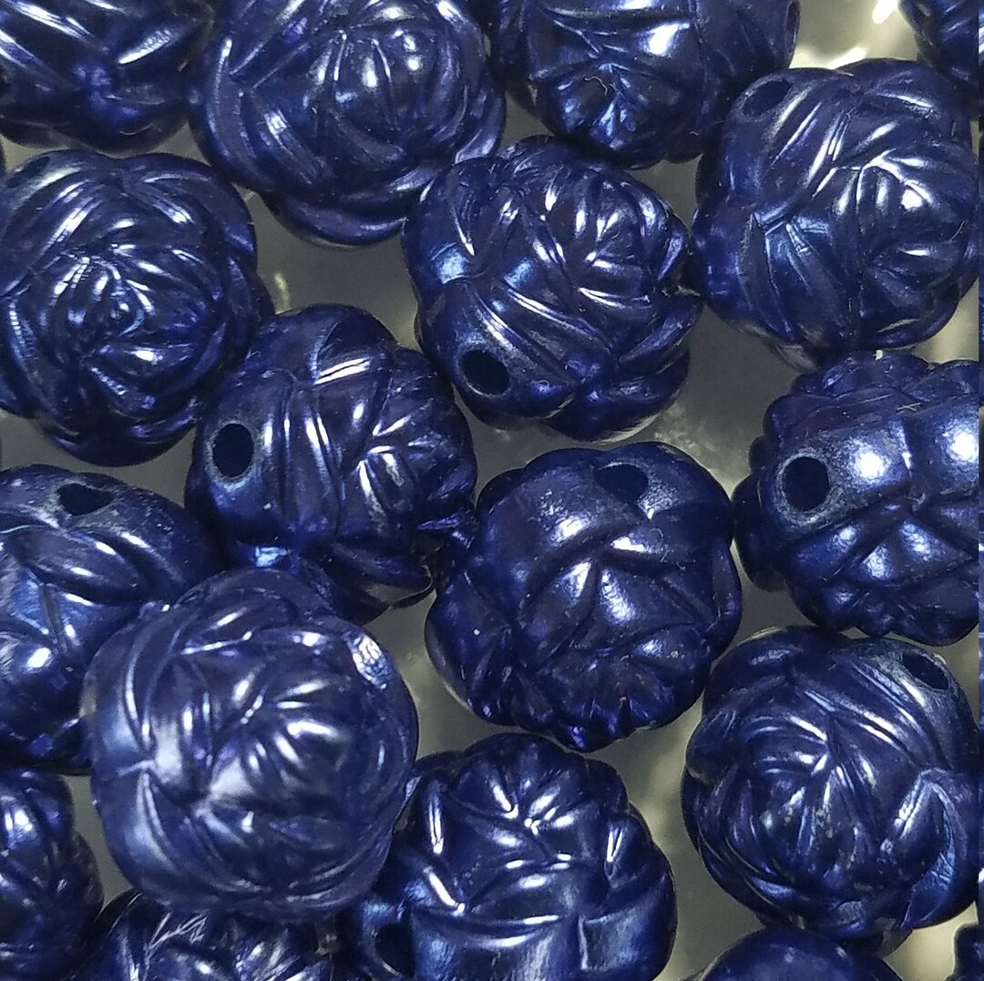 12 Beads - 12mm Dark Blue Rose Beads, Acrylic Beads, Plastic Rose Beads ...