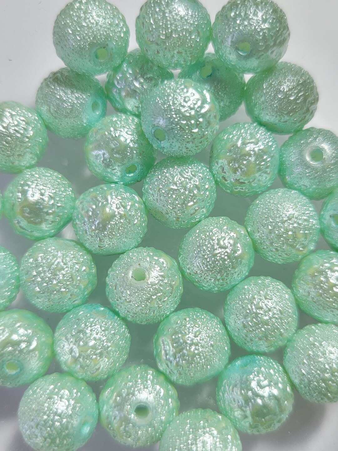 10 Beads 12mm Light Mint Green Textured Pearl Glass Beads, Large Pastel ...