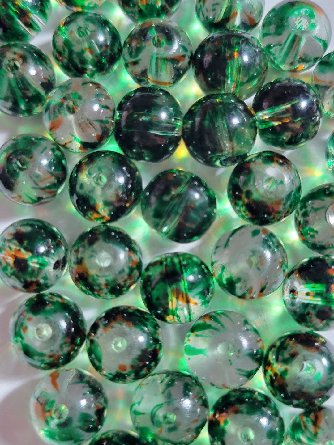 10 Beads 10mm Green and Orange Glass Beads, Green Beads, Orange Beads ...