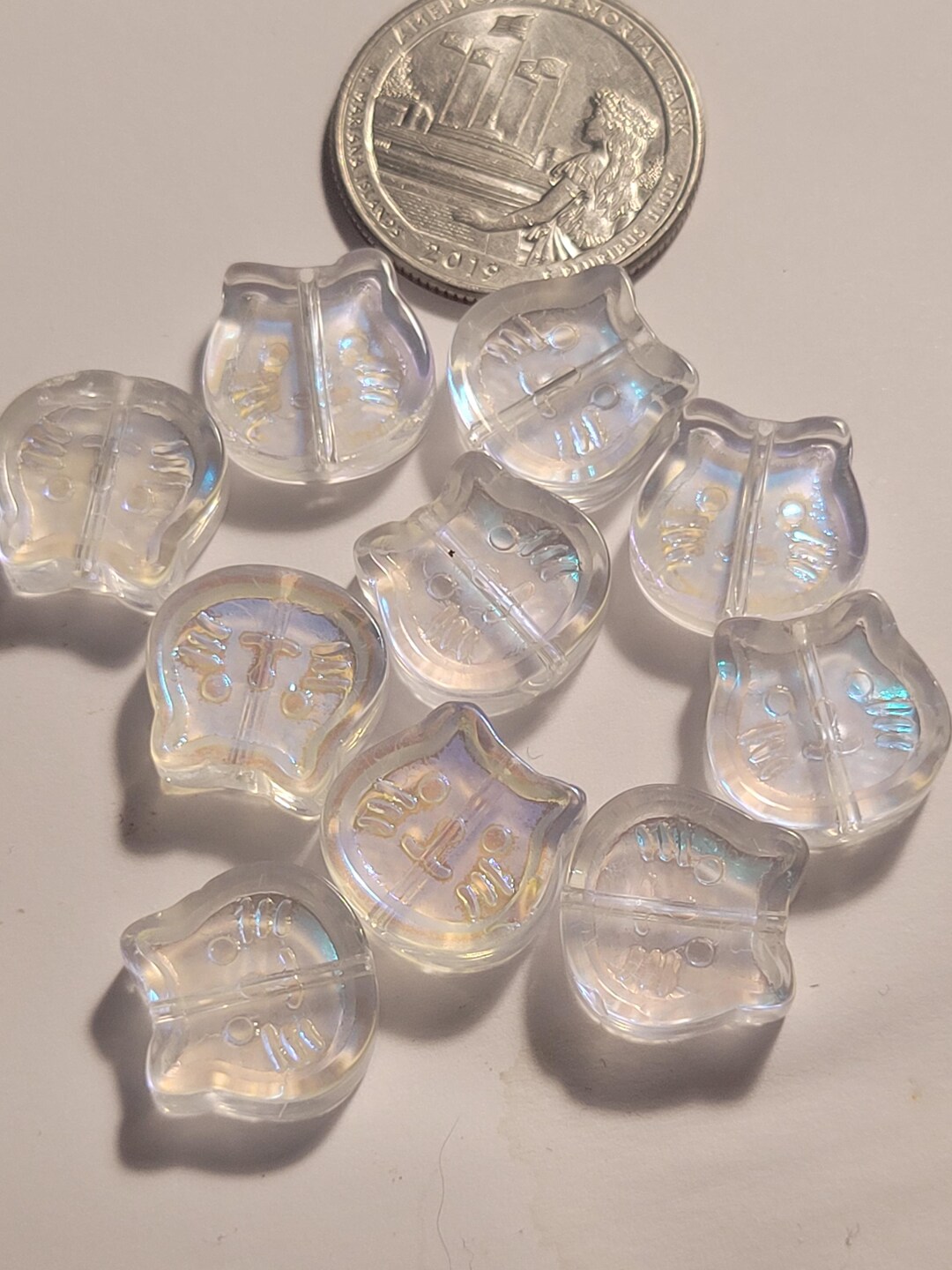6 Beads - Transparent Cat Beads, Clear AB Glass Cat Face Beads, Glass ...