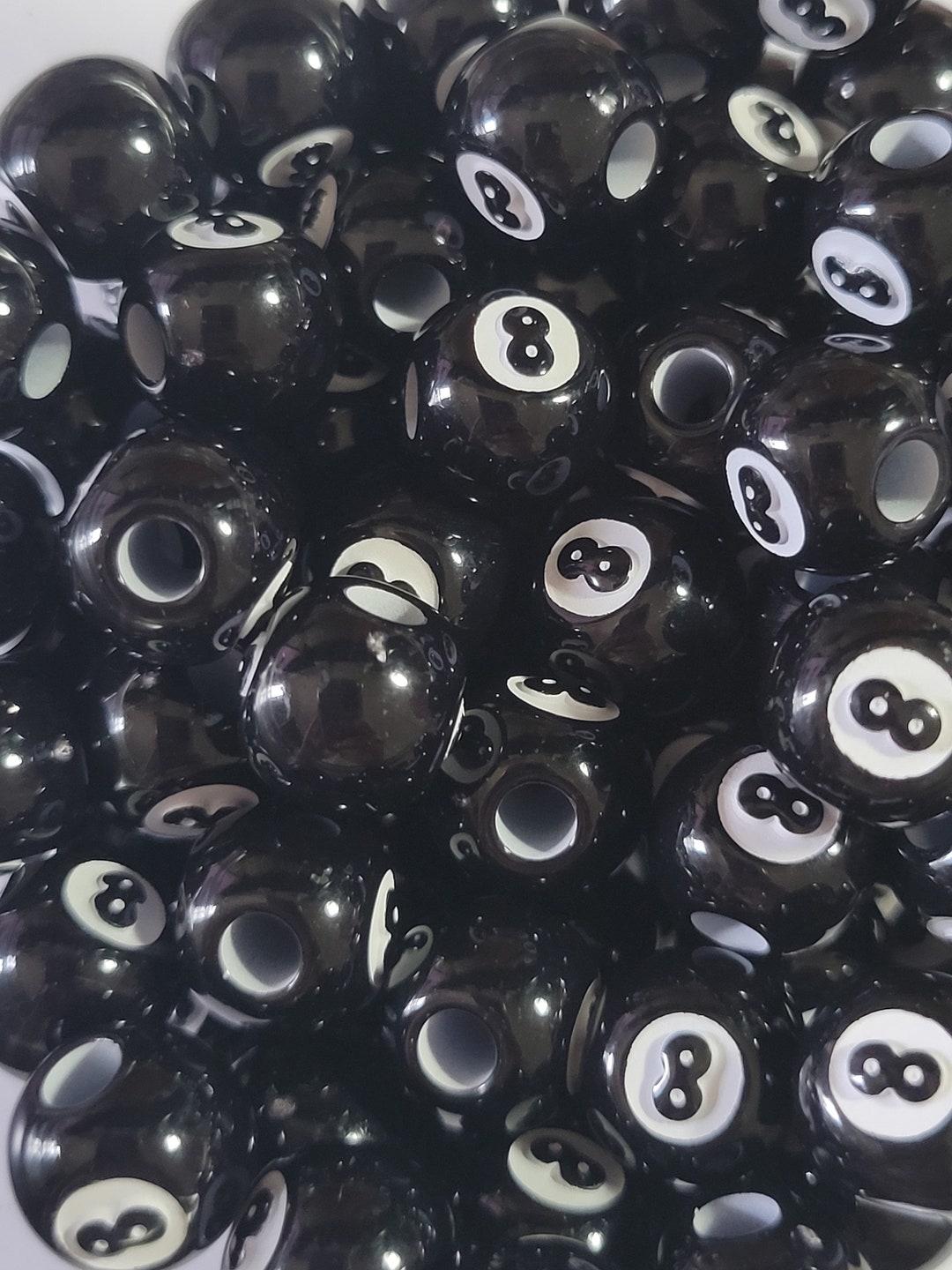 10 Beads - 12mm Black 8 Ball Beads, Black Round Beads, Billiard Beads ...