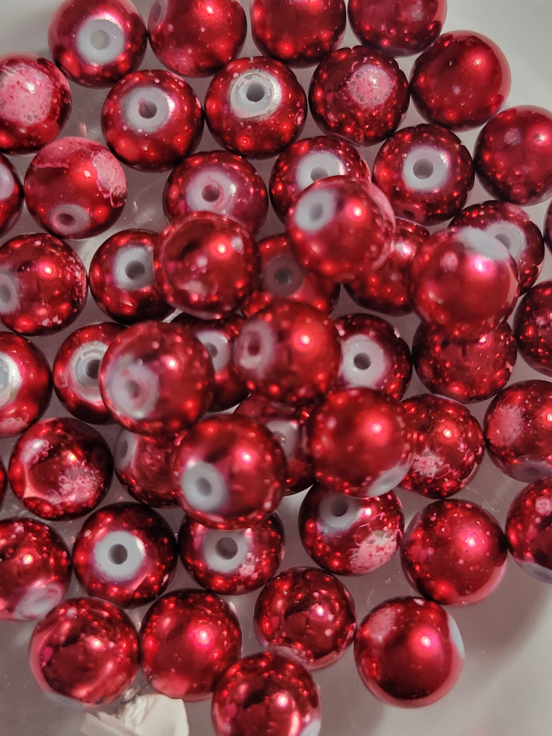 12 Beads - 8mm Red and White Splattered Ornament Beads, Small Red Beads ...