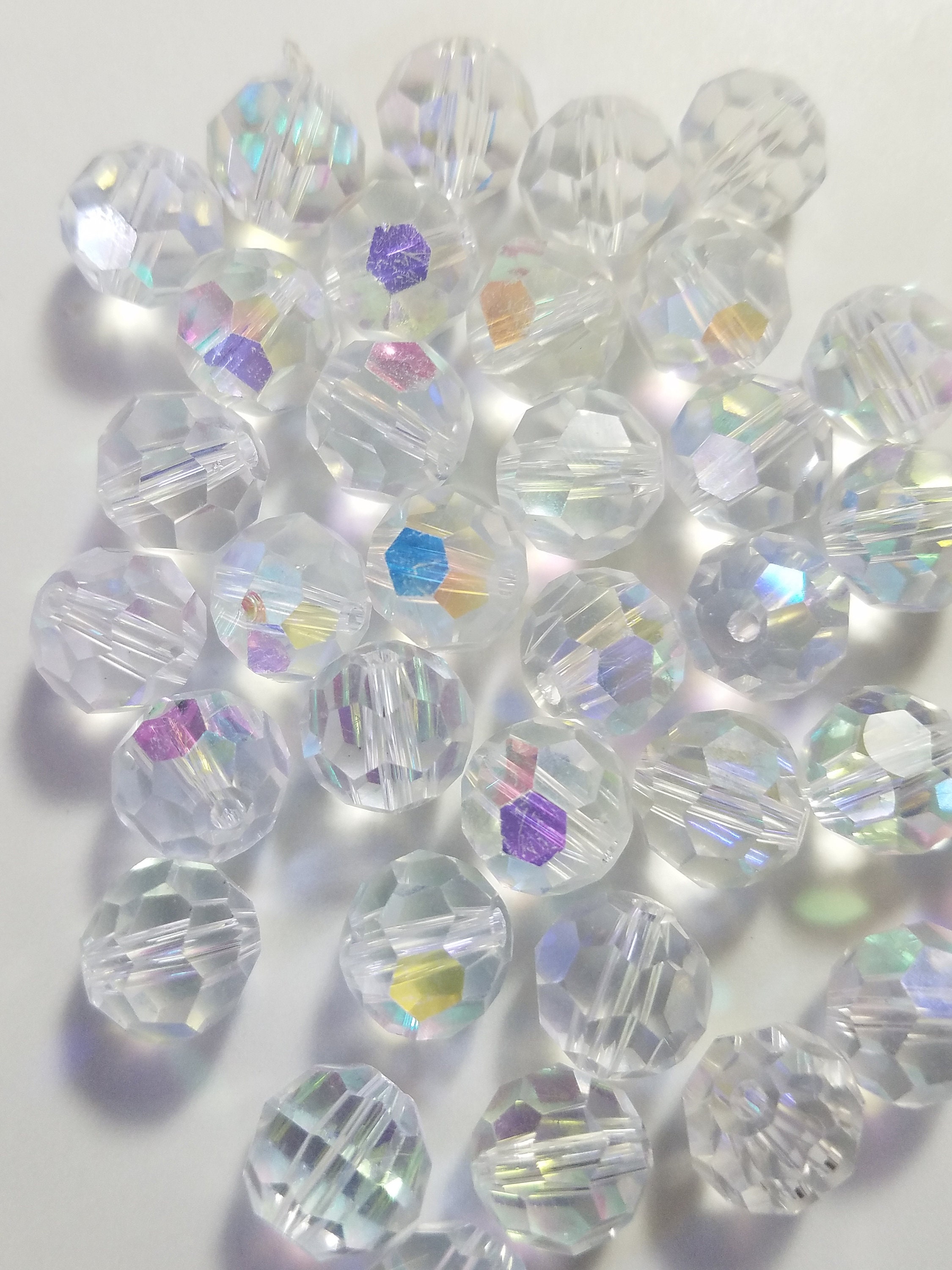 10 Beads - 10mm Sparkling Clear AB Glass Crystal Beads, Round Faceted ...