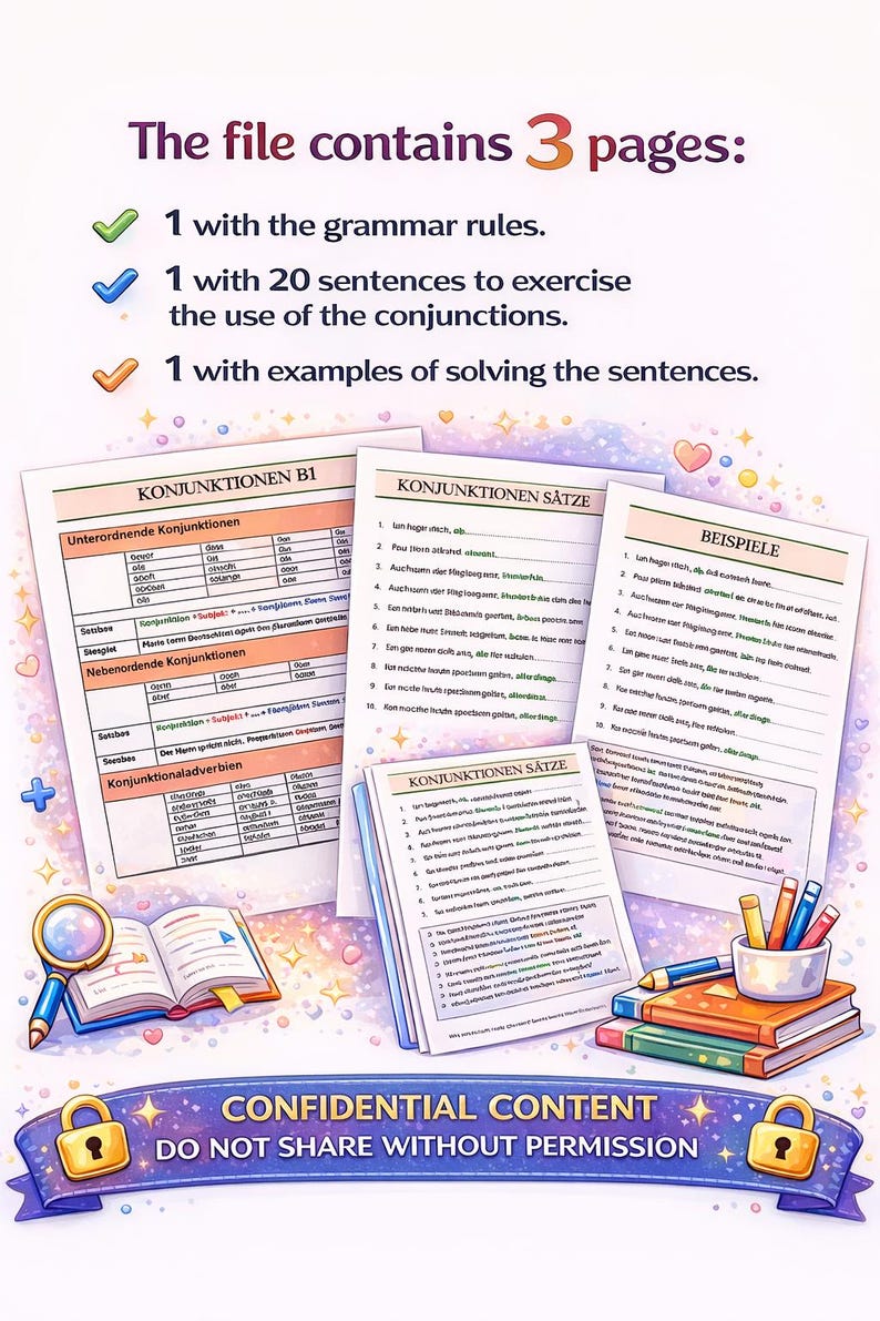 German B1 Conjunctions Exercises and Examples (A4 Format) - Etsy