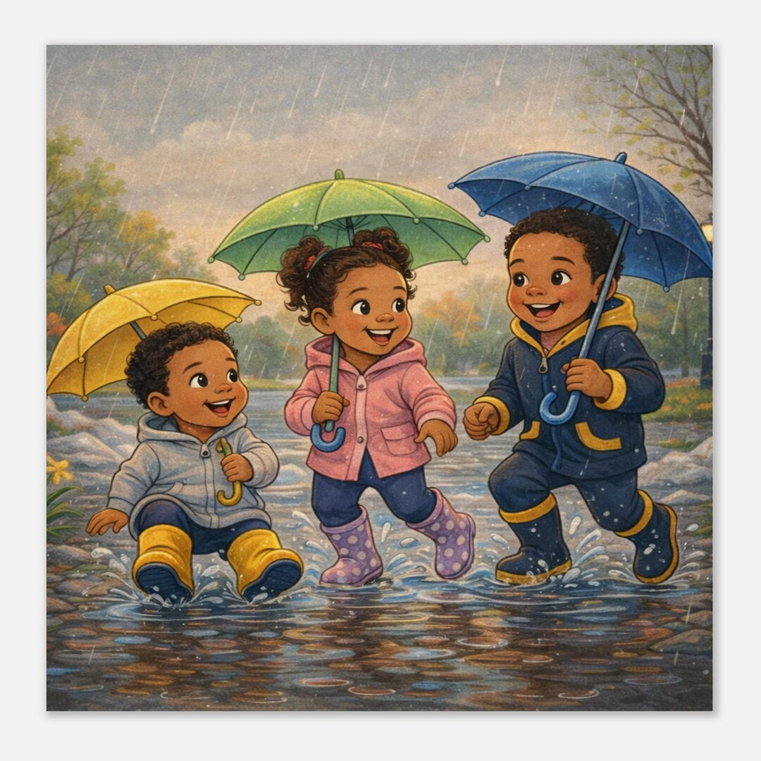 Kid's Playing in the Rain, Printed on Wood in 8x8'' (20x20 Cm) - Etsy
