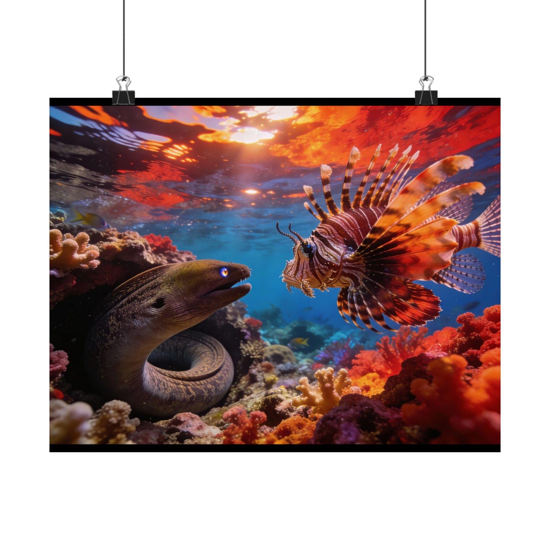 Underwater Reef Poster, Colorful Lionfish & Moray Eel Matte Horizontal ...