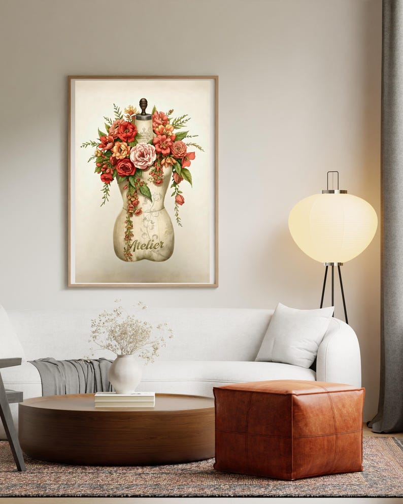 Vintage Floral Dress Form Art Print, Embroidery Inspired Mannequin Wall ...