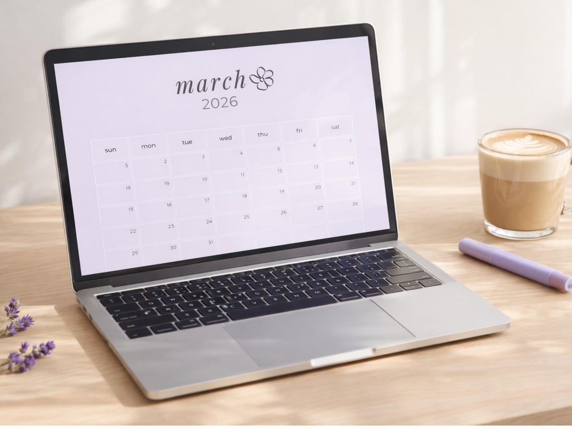 March 2026 Lavender Printable Calendar, Minimal Monthly Planner PDF, US ...