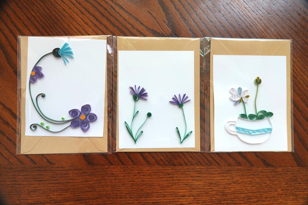 Violet Thistle Flower Quilled Cards, Set of 3 Postcard Style Greeting ...