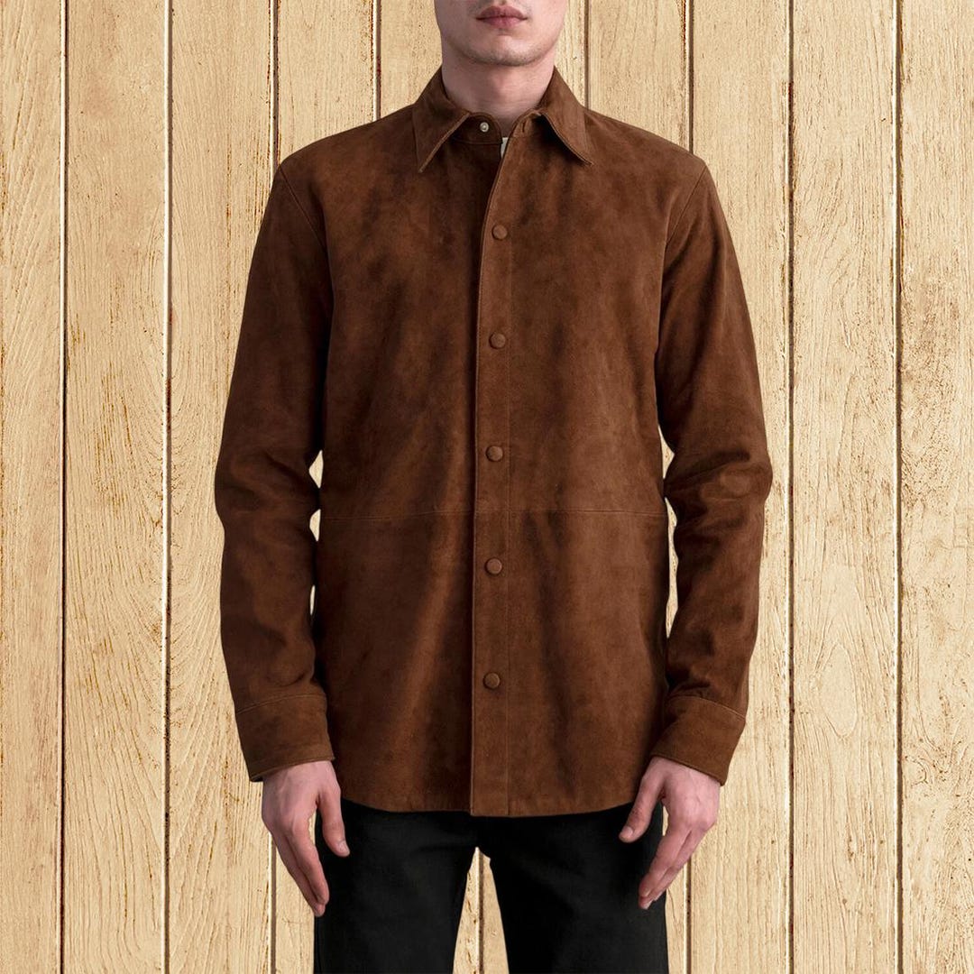 Buy Men's Brown Suede Leather Field Shirt Jacket – Classic Button ...