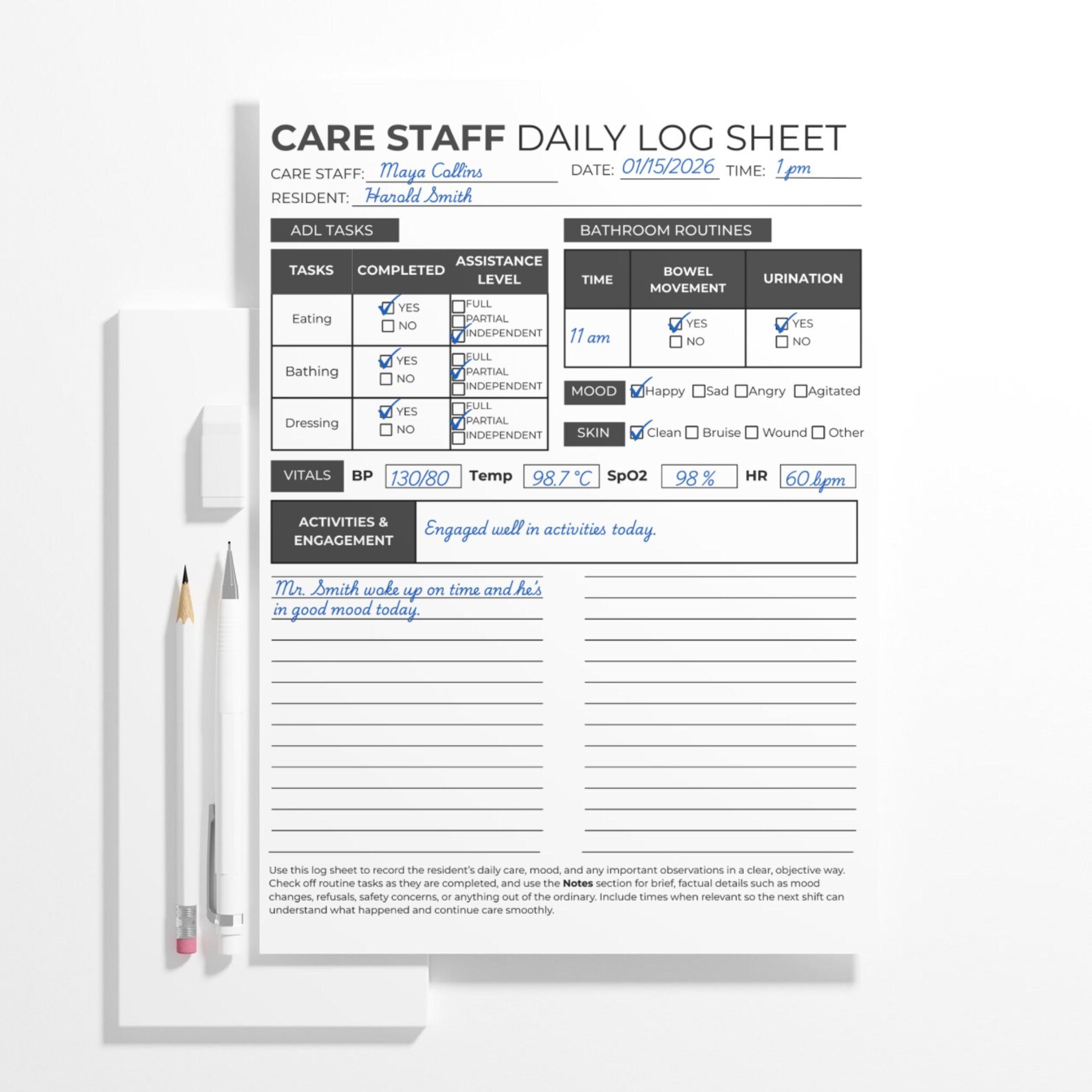 Care Staff Daily Log Sheet - Printable PDF for Care Homes, Assisted ...
