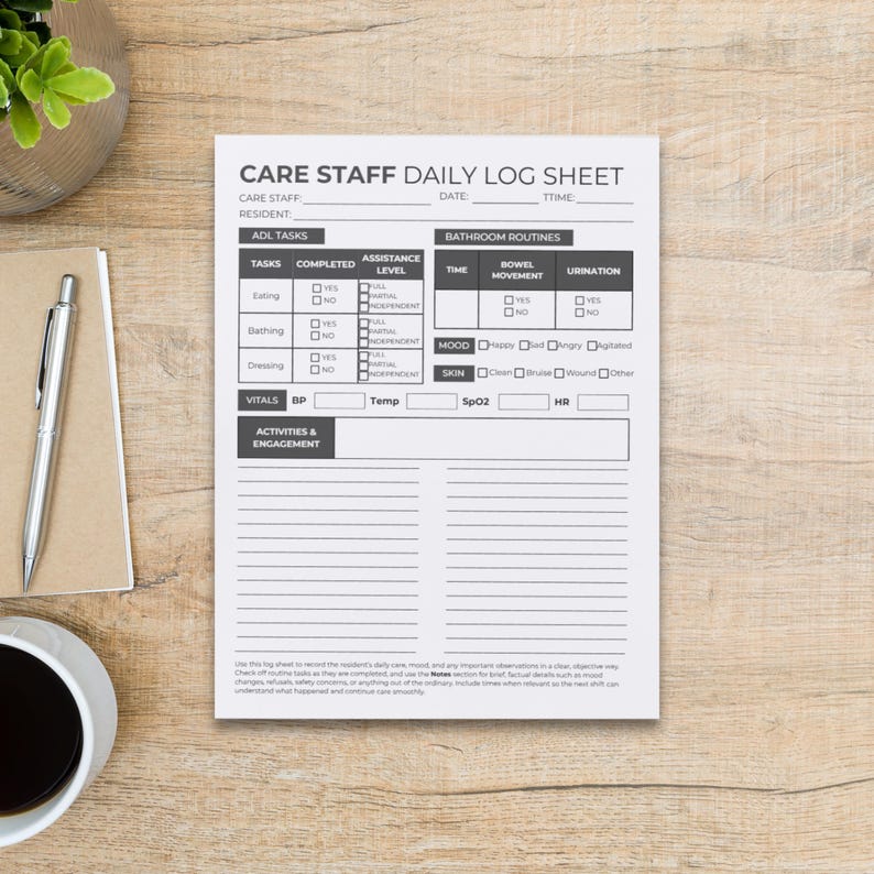 Care Staff Daily Log Sheet - Printable PDF for Care Homes, Assisted ...