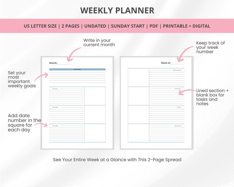 Weekly Planner Printable PDF, Undated Weekly Planner, Sunday Start ...