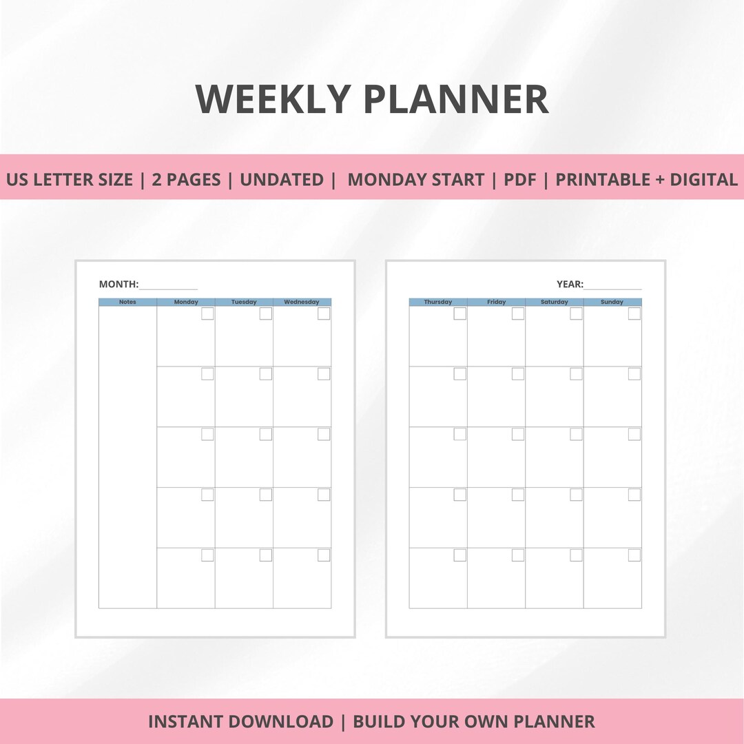 Monthly Calendar Printable PDF, Undated Monthly Planner, Monday Start ...
