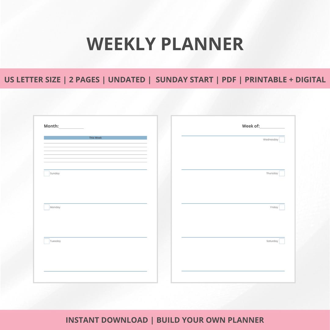 Weekly Planner Printable PDF, Undated Weekly Planner, Sunday Start ...