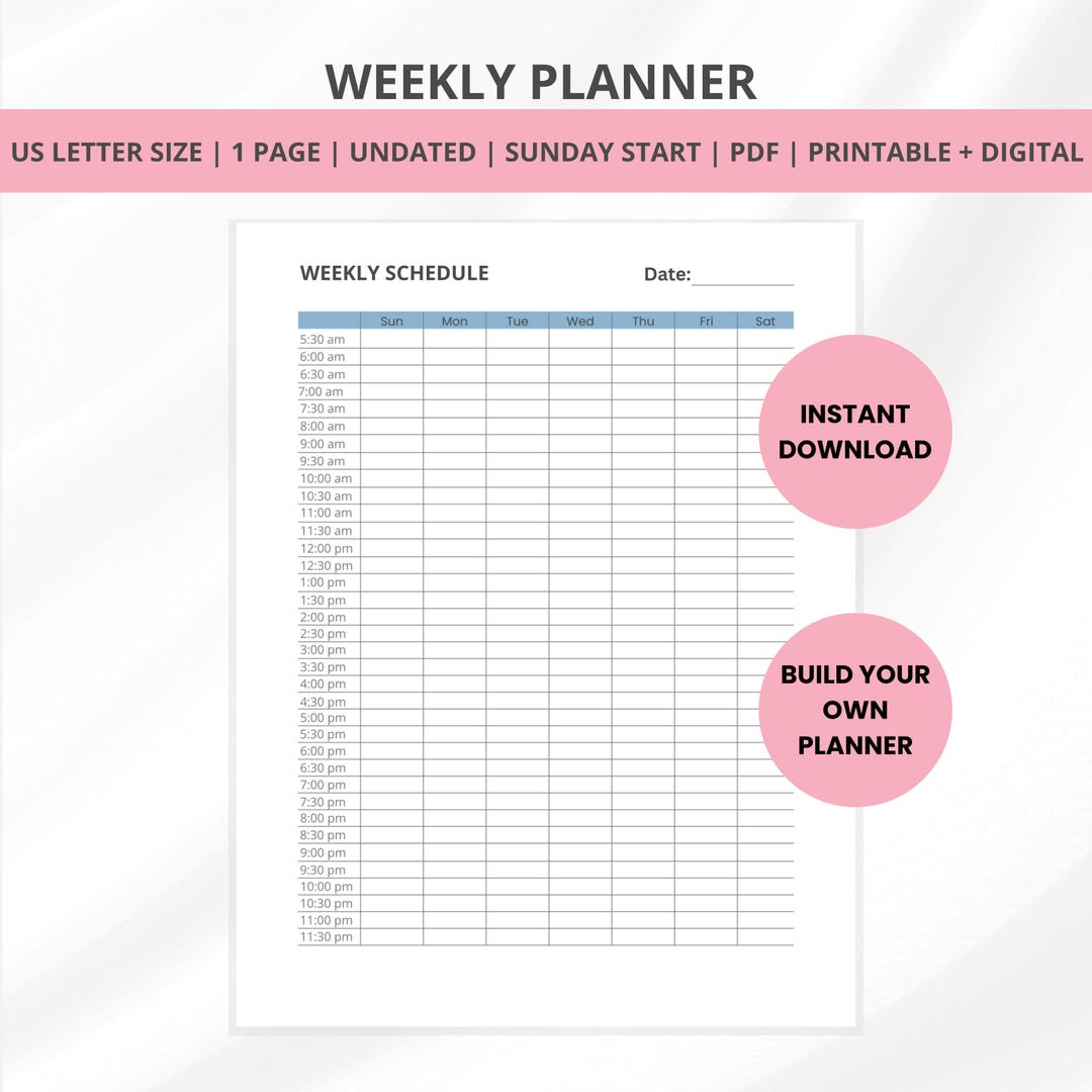 Half-hour Weekly Schedule Printable, Sunday Start, Time Blocking (PDF ...