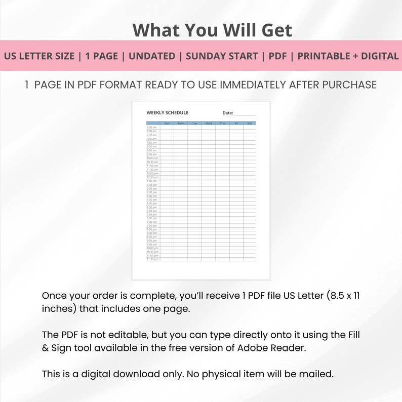 Half-hour Weekly Schedule Printable, Sunday Start, Time Blocking (PDF ...