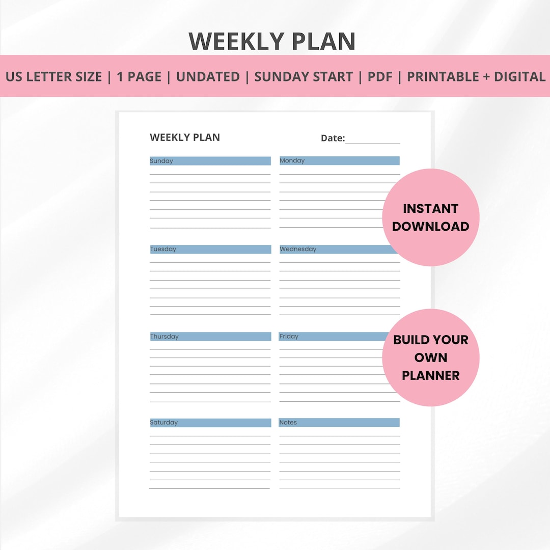 Weekly Planner Printable PDF, One-page Lined Weekly Plan, Sunday Start ...