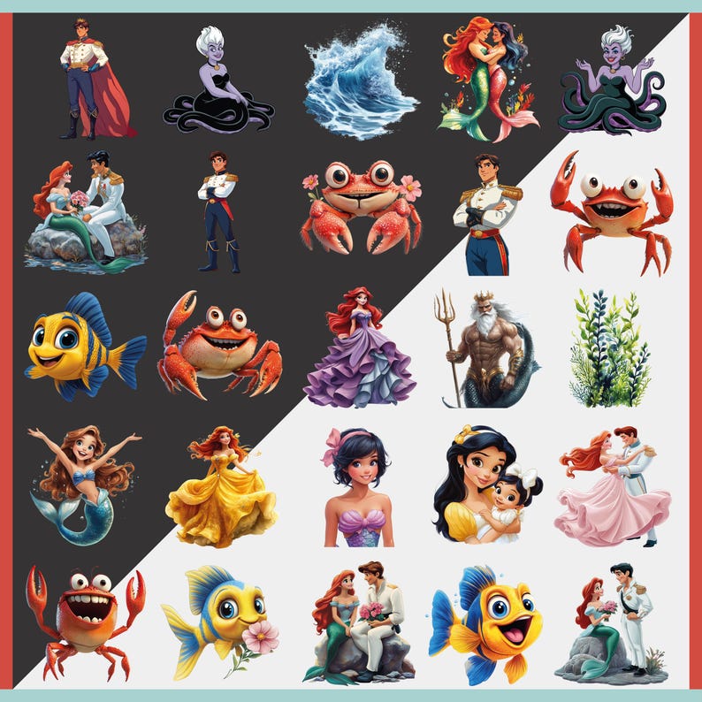 Little Mermaid Ariel PNG Clipart Bundle, Ocean Character Set - Etsy