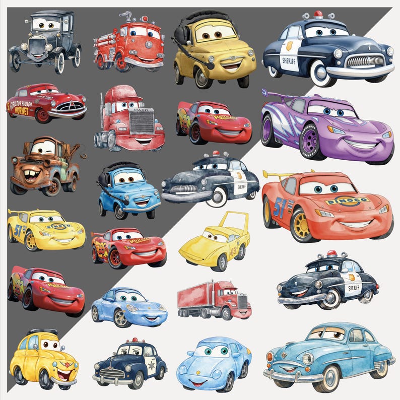 Watercolor Cartoon Cars PNG Clipart Bundle for Kids Designs, Lightning ...